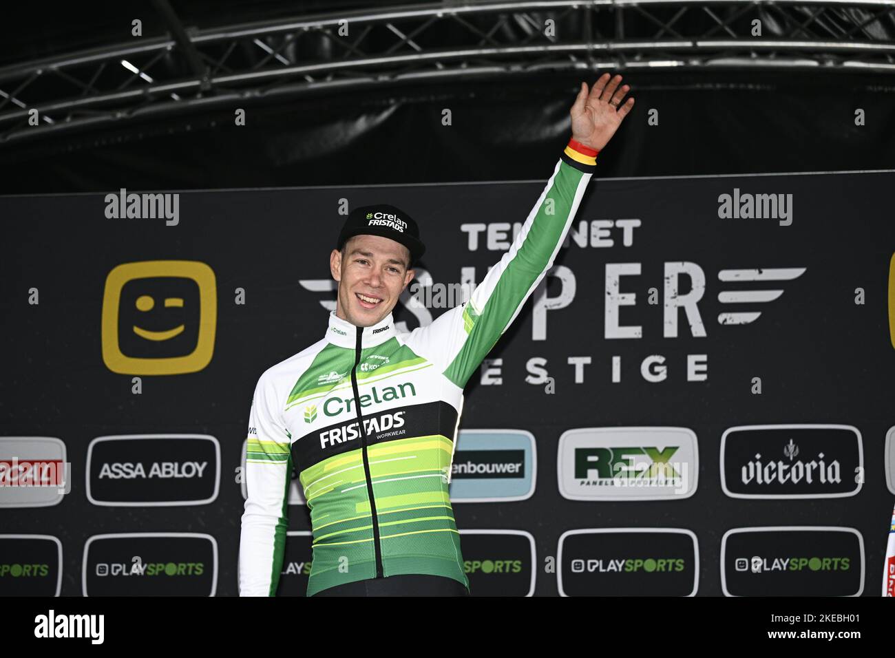 Belgian Laurens Sweeck celebrates on the podium after winning the men's ...