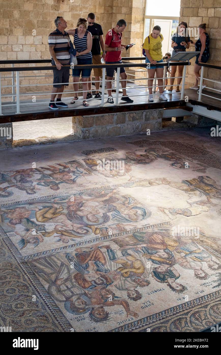 Mosaic depicting the first bathing of the god of winemaking Dionysus in ...