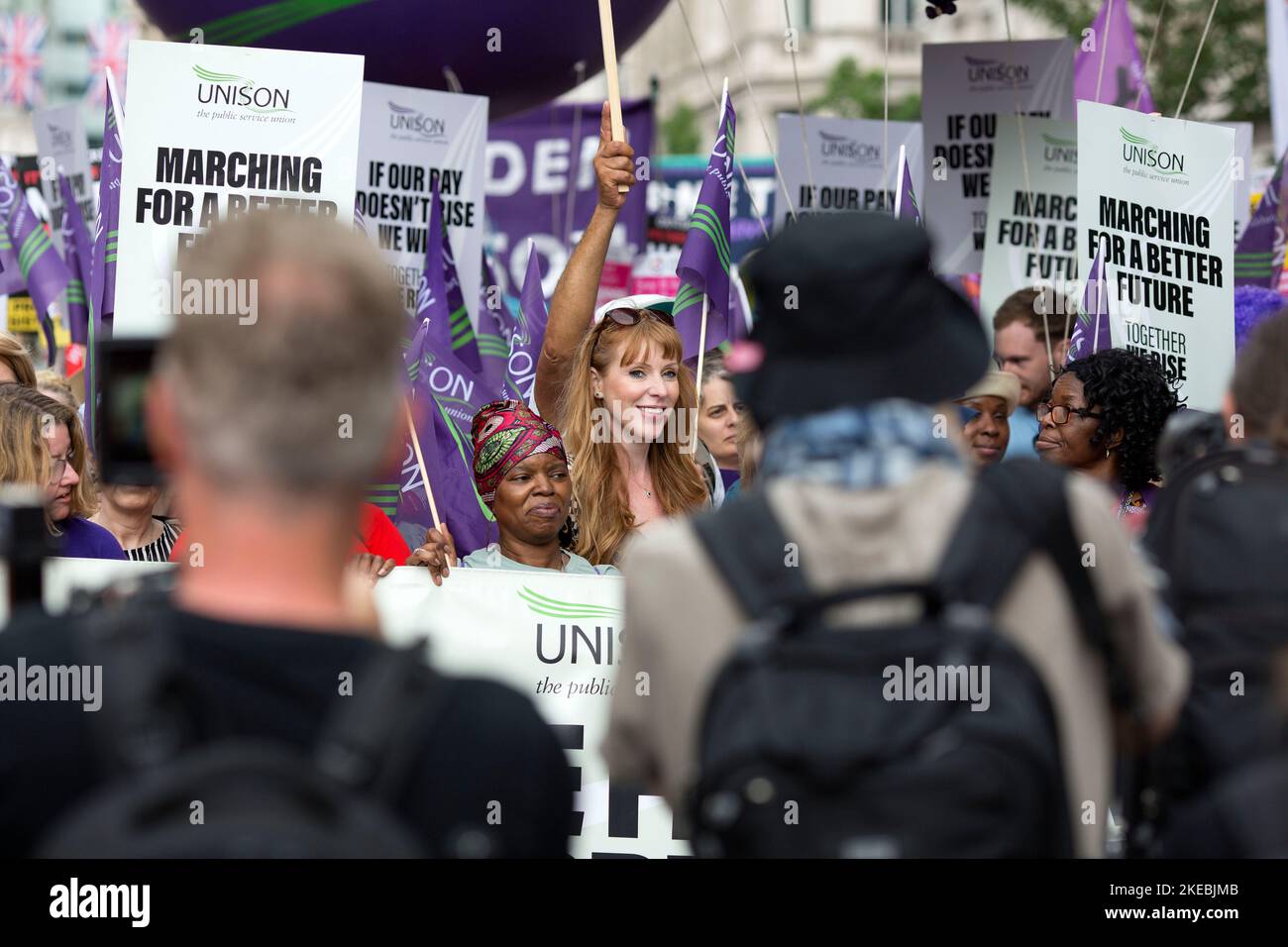 Angela Rayner MP of Labour Party is seen behind a banner as ...