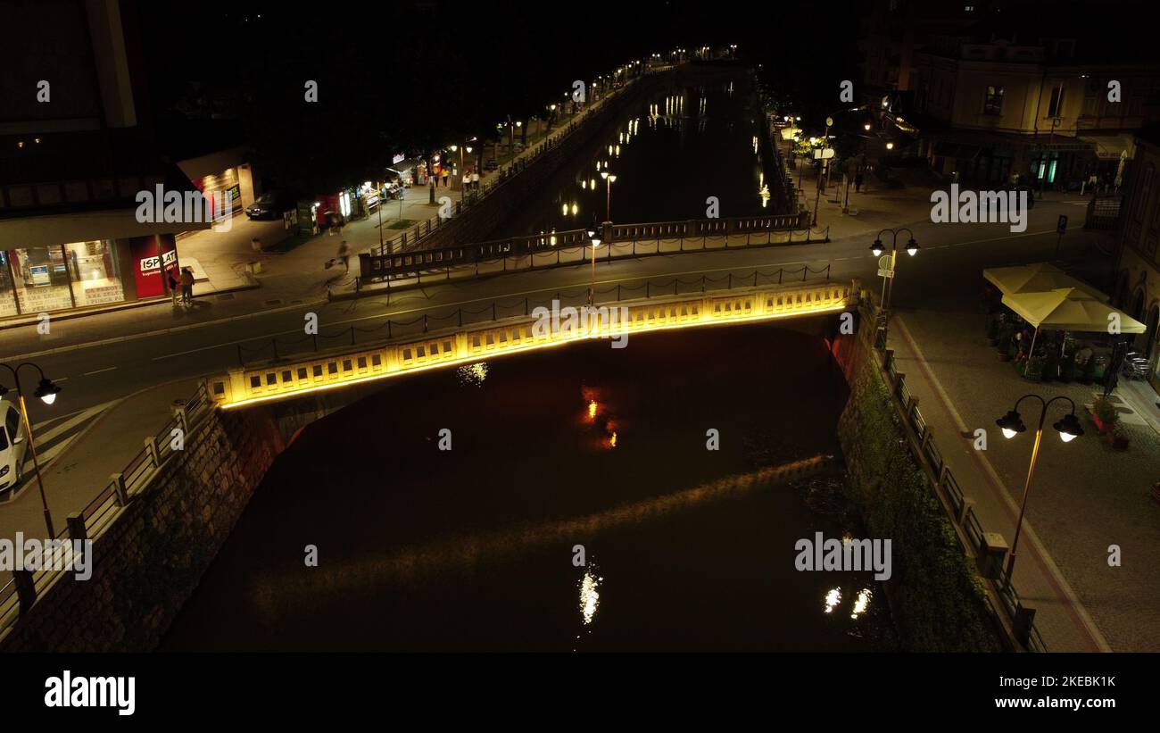 An aerial view of the illuminated bridge over Timok river in Knjazevac ...