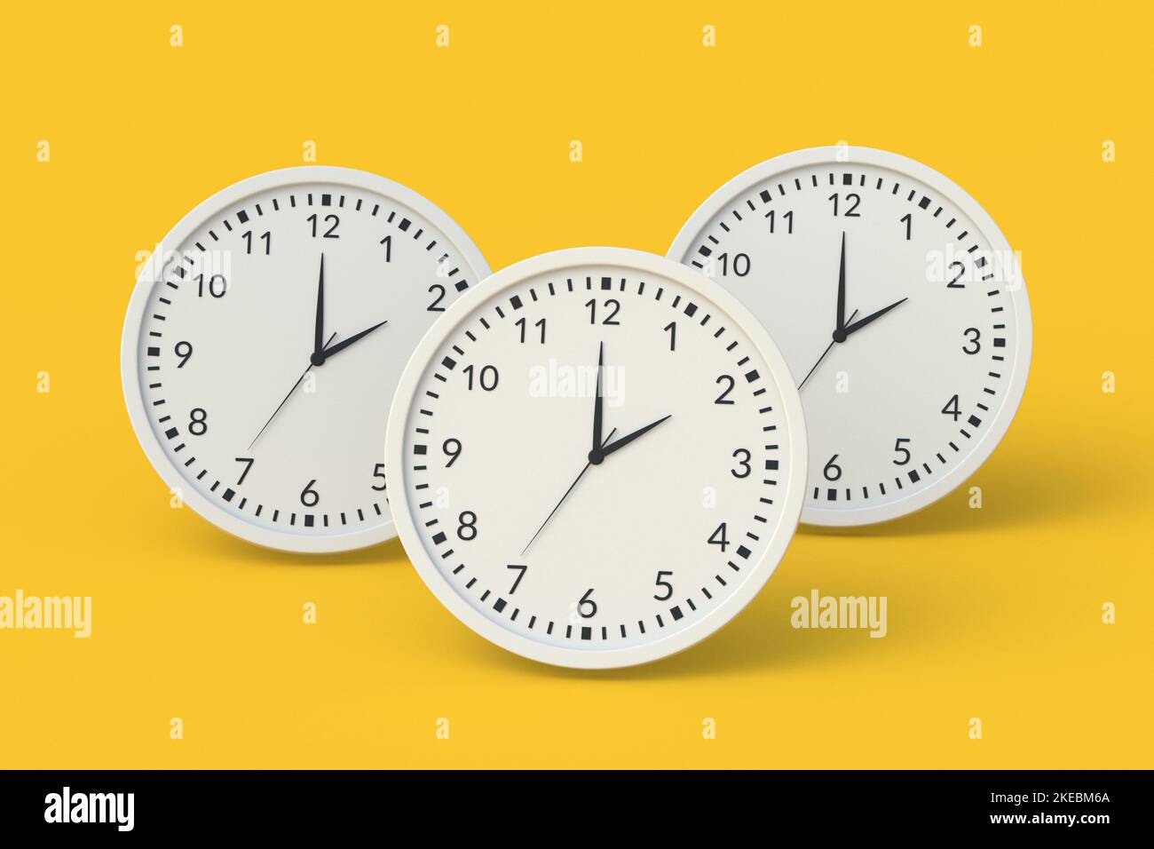 Three round wall clocks on yellow background. Time management. Coffee ...
