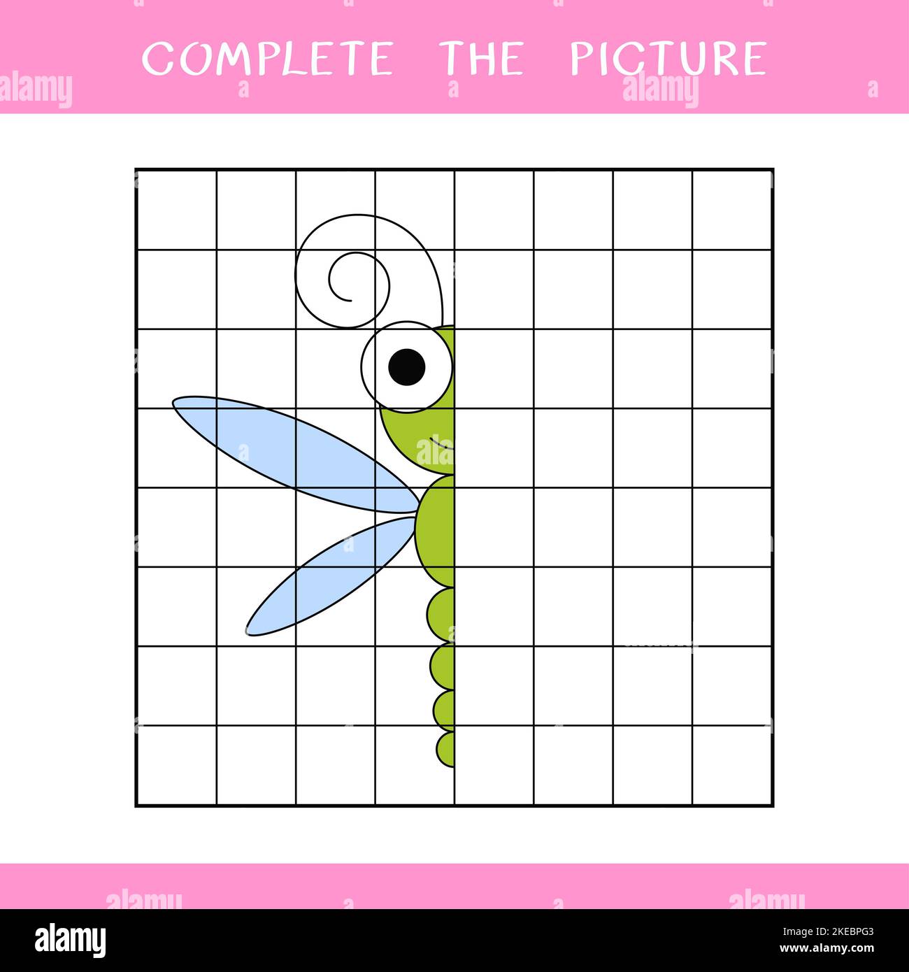 Complete the picture. Simple educational game for kids. Cute dragonfly ...