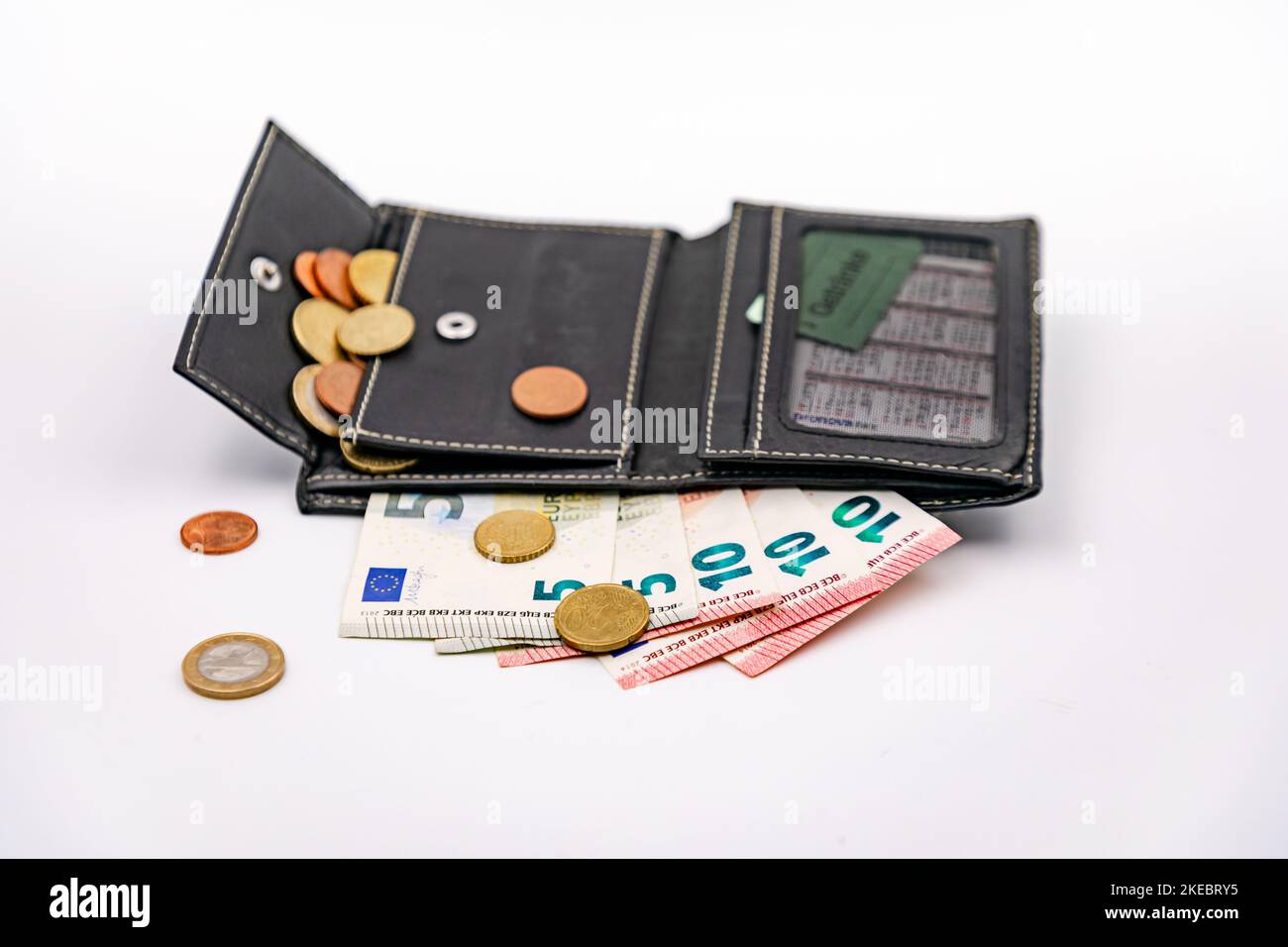 Purse with Euro change and coins isolated as a studio shot with copy ...