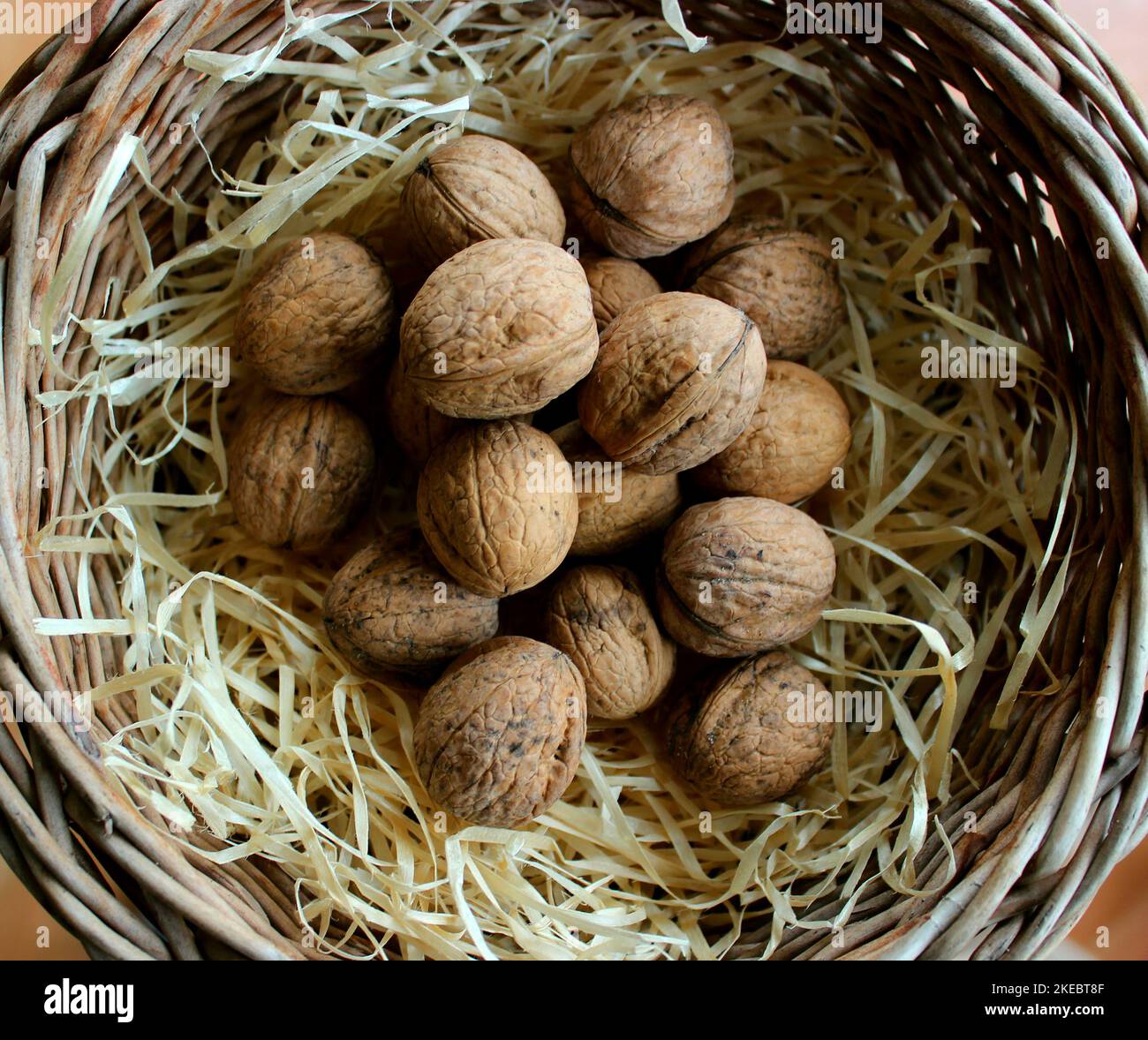 Whole Walnuts Heap On A Wooden Shavings Inside Wicker Tray Detailed ...