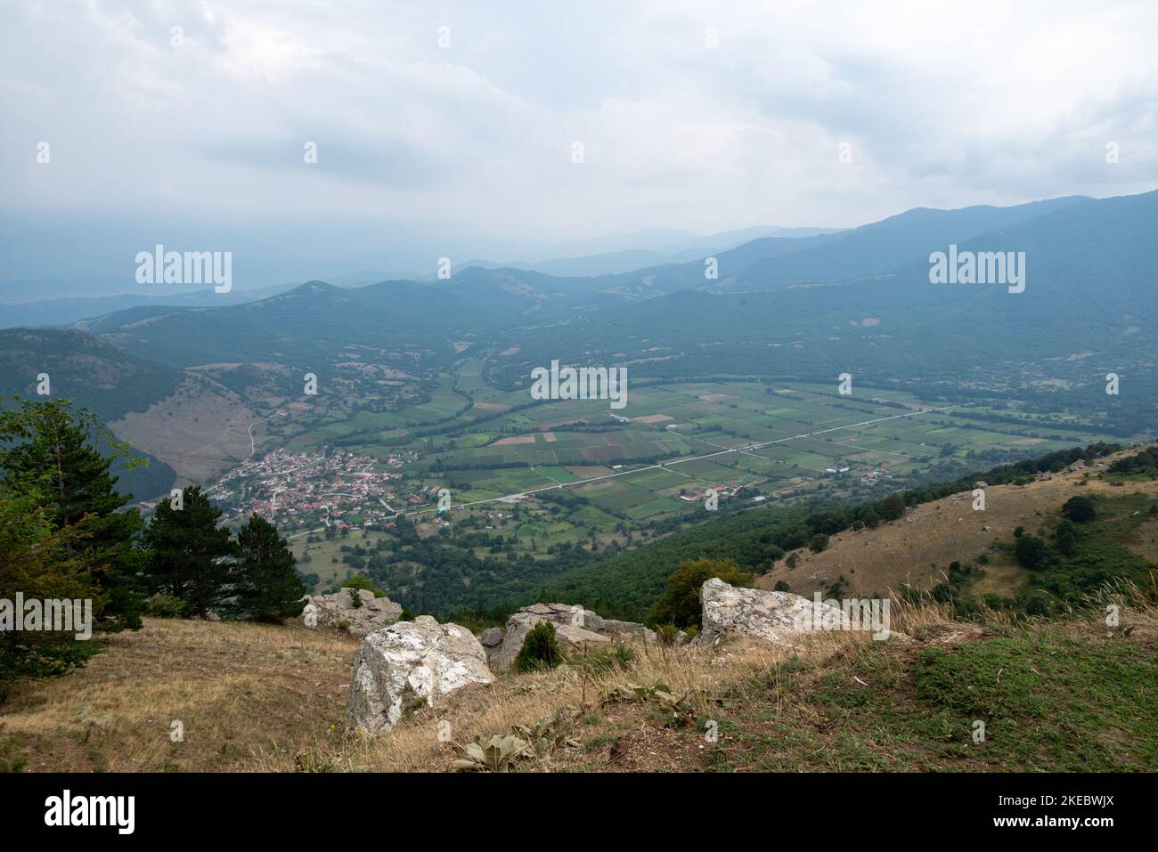 View over valley below the Nymfaio village and the Sklithro village ...