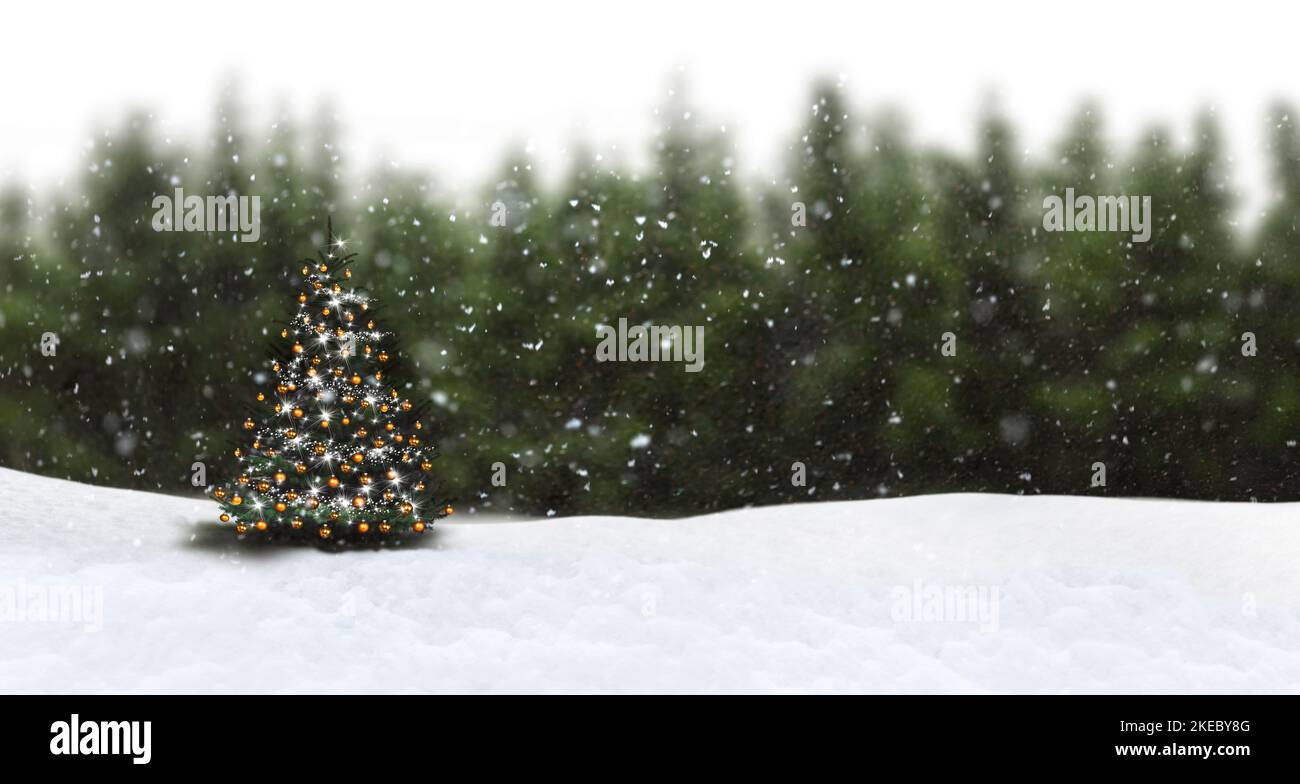 Decorated Christmas tree with snowfall in front of a fir forest in the ...