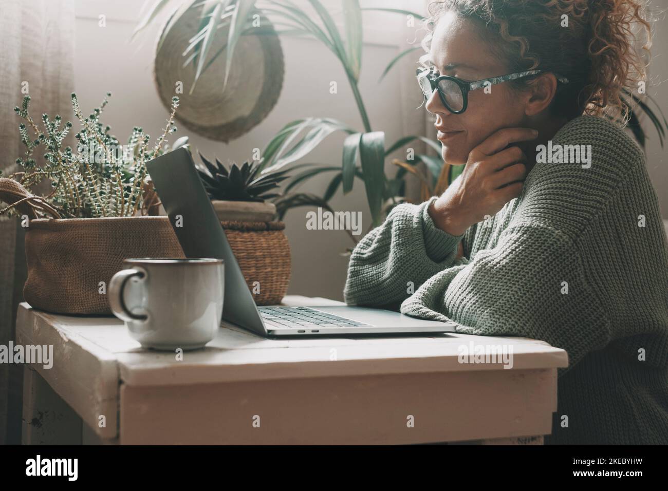 Serene woman work with notebook at home smiling at the display. Serene ...