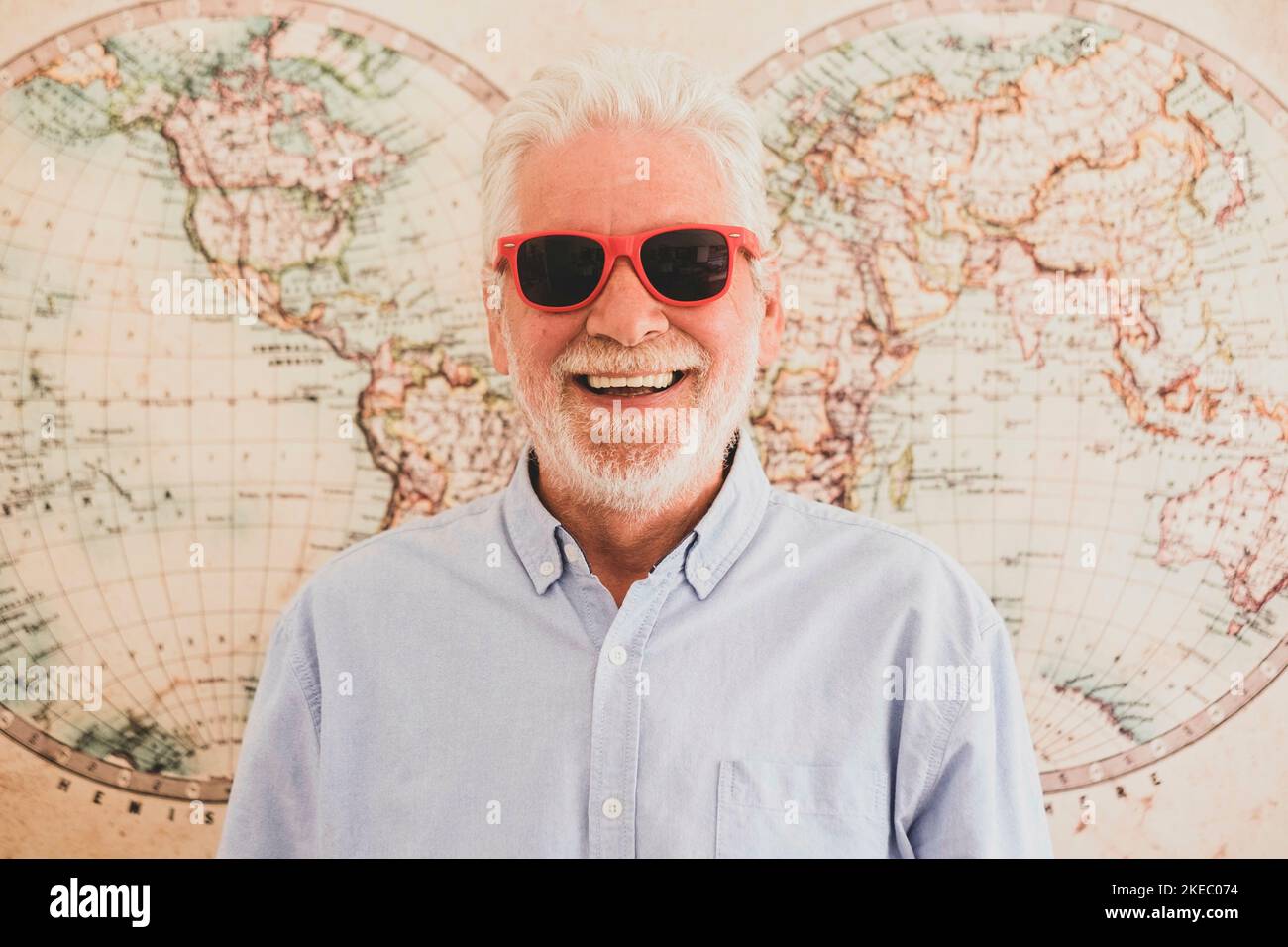 close up and portrait of mature man with sun glasses with an hemisphere ...