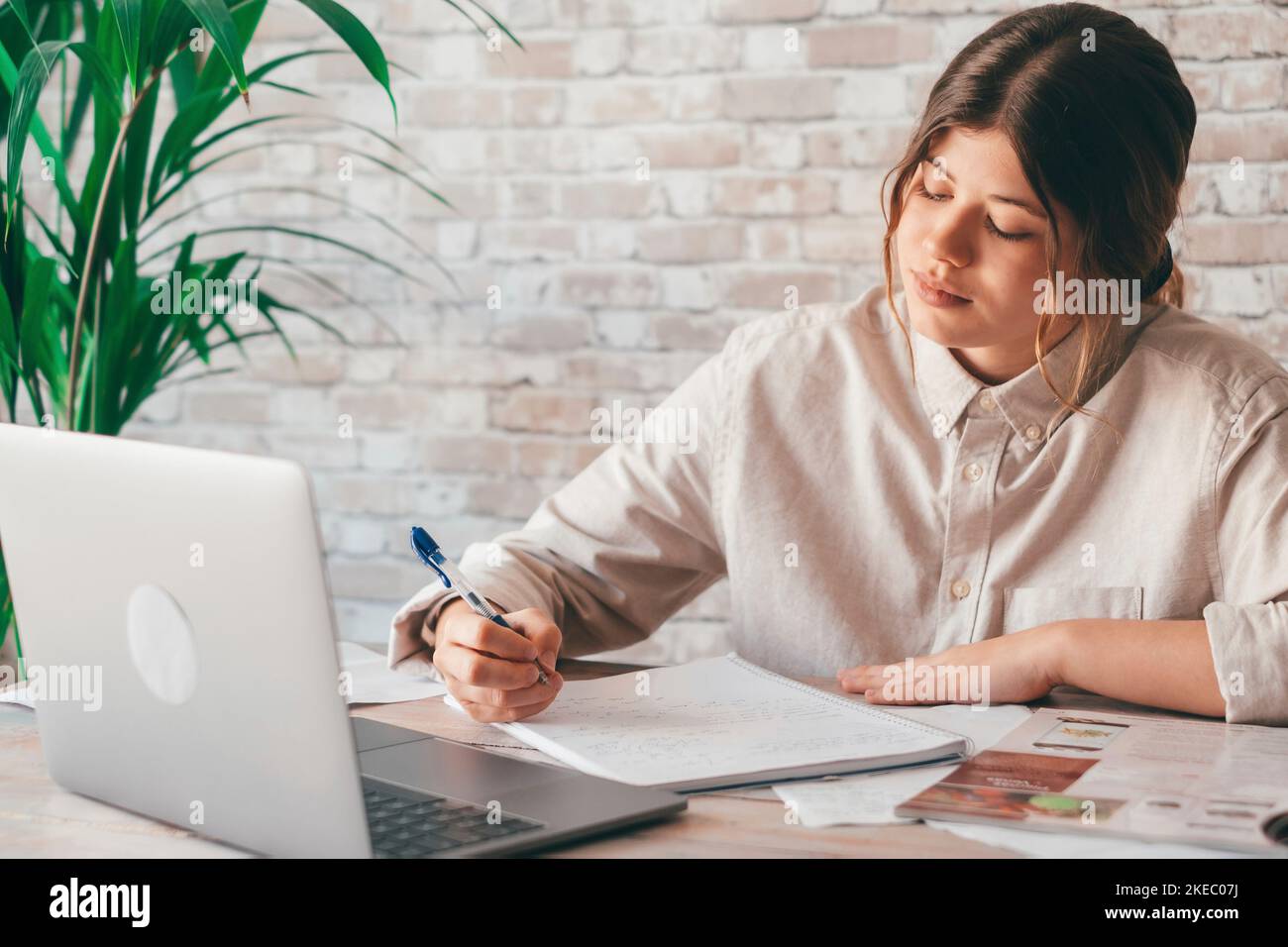 Smiling woman write notes watch webinar study work on laptop, young ...