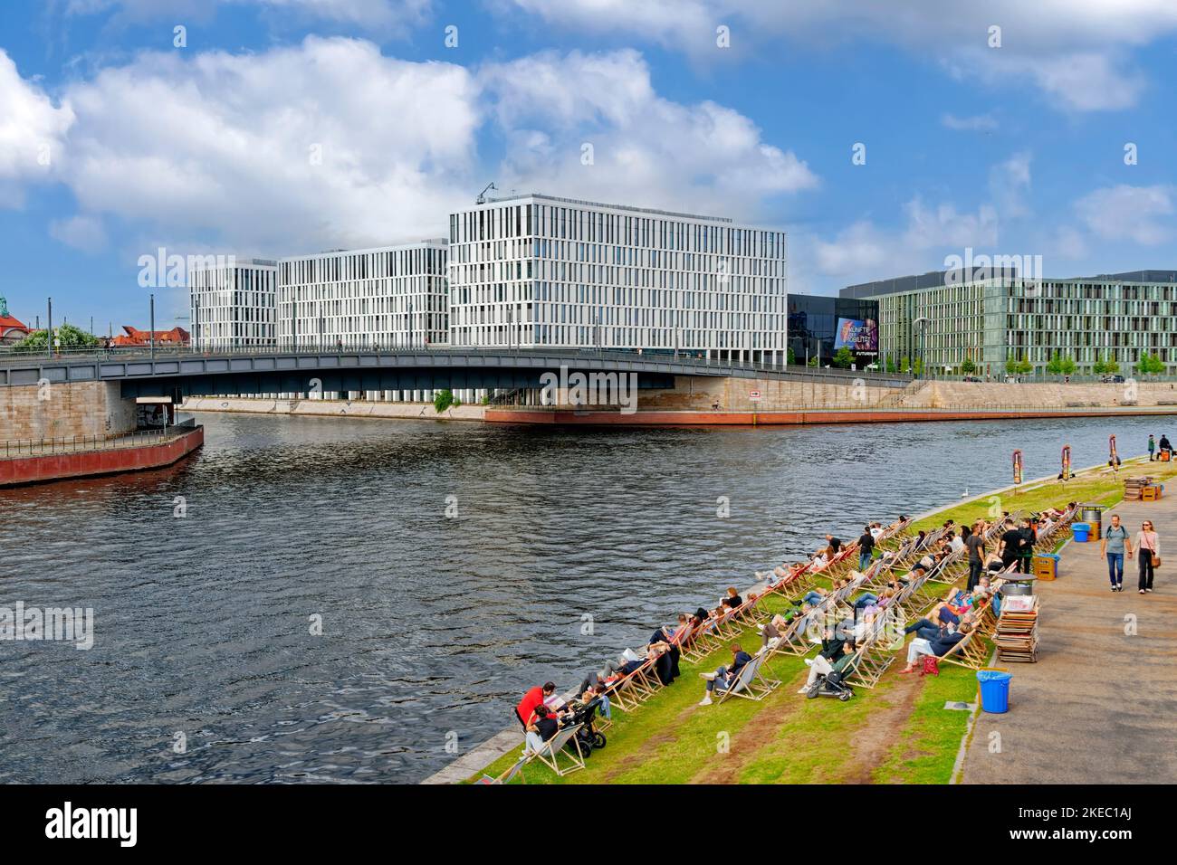 on the bank cafe in summer next to river Spree in Mitte Berlin, Germany ...