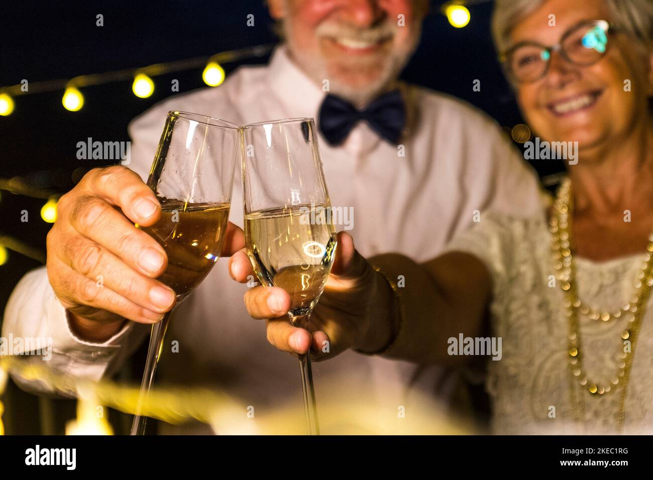 couple of two old and mature seniors enjoying and having fun together ...