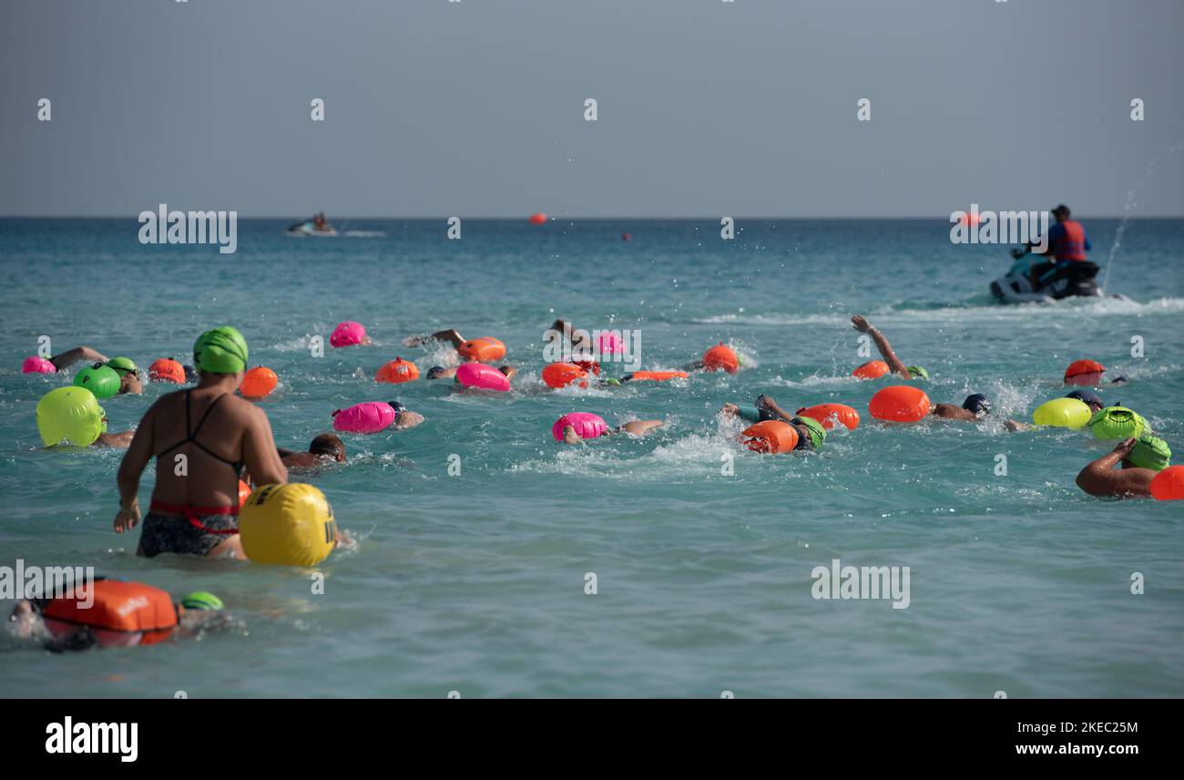 Athletes swimming free style in the sea Racing competition. Swimmer in ...