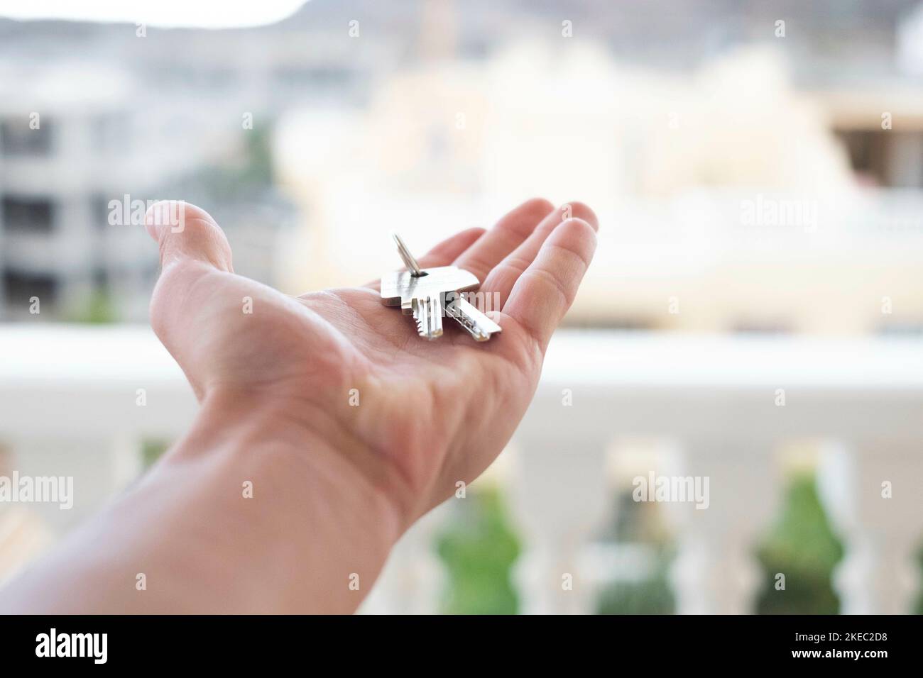 closeup and portrait of hand and arm of man or woman holding two keys ...