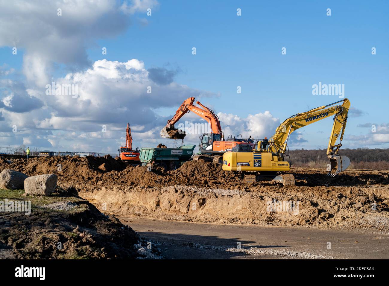 Construction site with excavator in summer Stock Photo - Alamy
