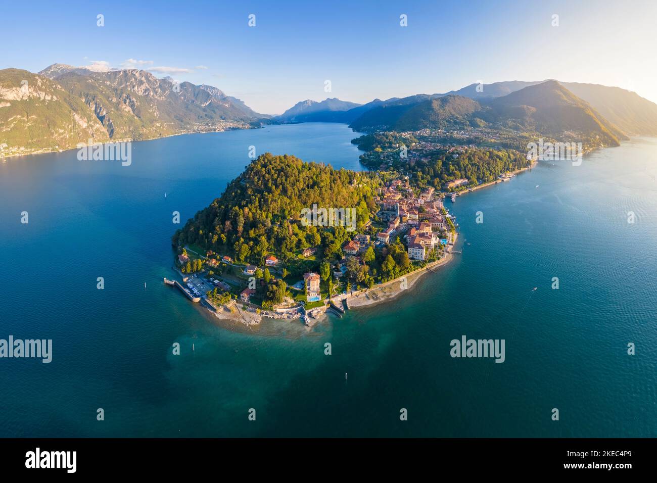 Aerial view of Bellagio at sunset, between the Como branch of the lake ...
