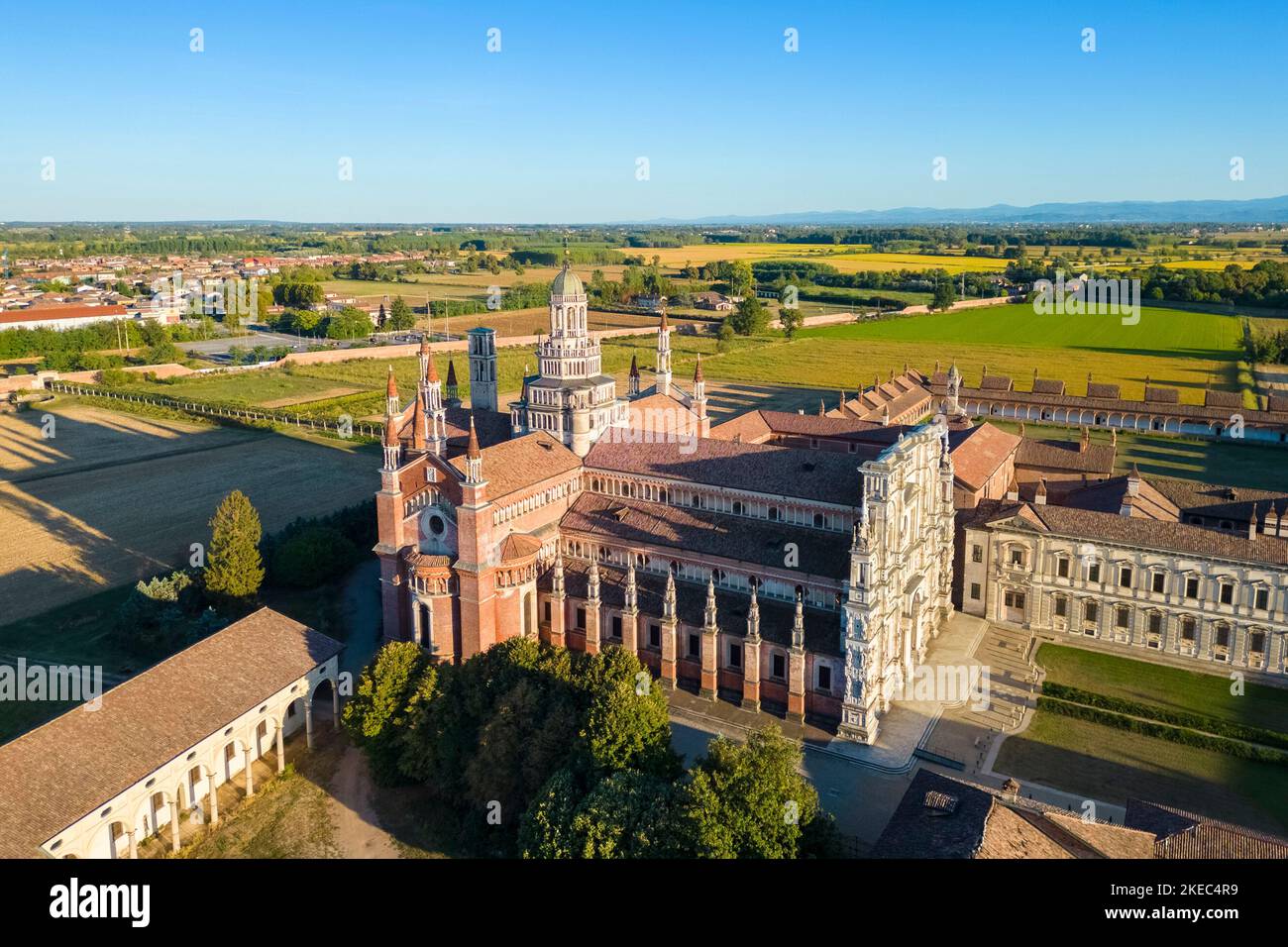 Aerial view of the monastery of Certosa di Pavia at sunset. Certosa di ...