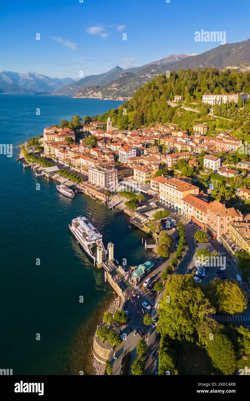 Aerial view of Bellagio and Lake Como at sunset. Como Province ...
