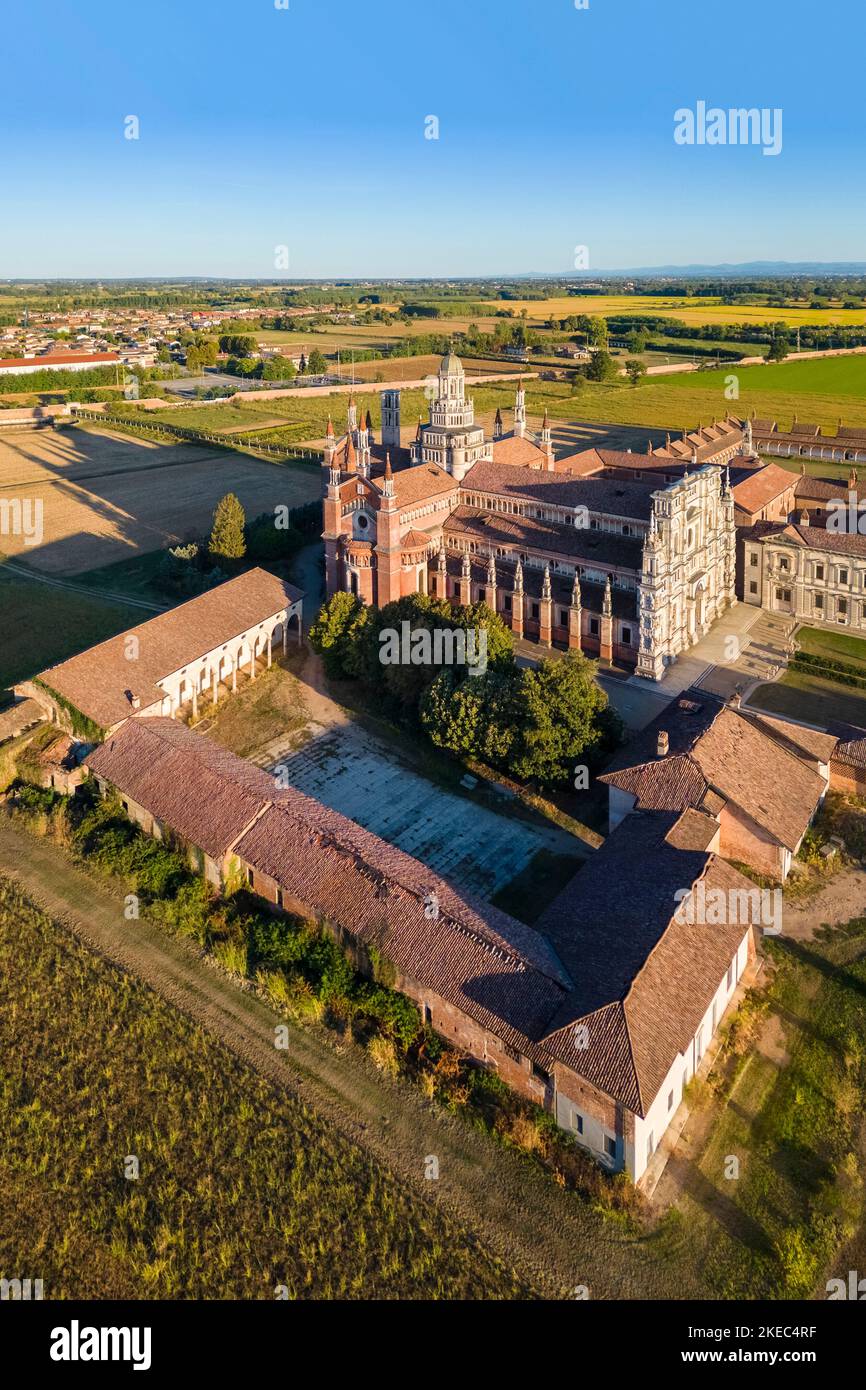 Aerial view of the monastery of Certosa di Pavia at sunset. Certosa di ...