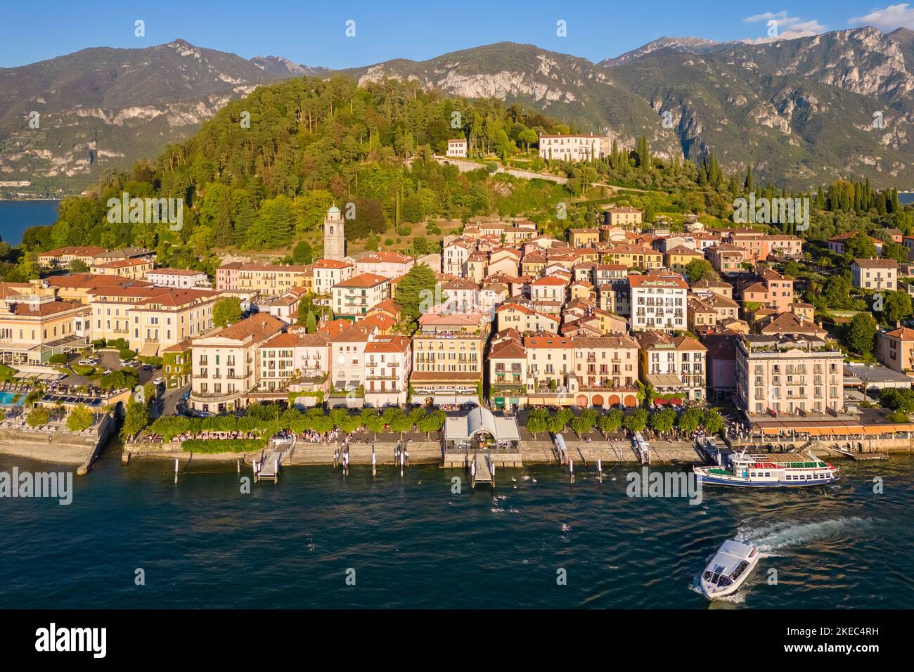 Aerial view of Bellagio and Lake Como at sunset. Como Province ...