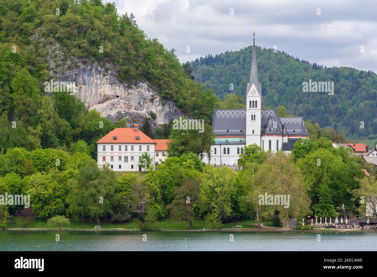 View of lake Bled at in spring and St. Martina Parish church. Bled ...