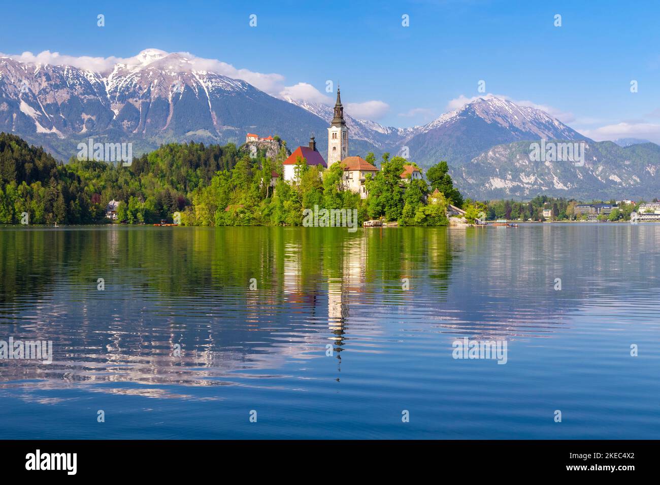 View of lake Bled at in spring with the small island and Assumption of ...