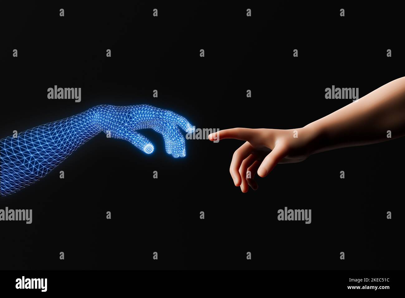 3d rendering of a luminous wire digital hand approaching a human hand ...