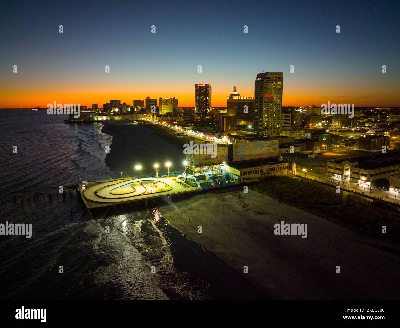 Sunset view of Atlantic City aerial view including Central Pier Arcade ...