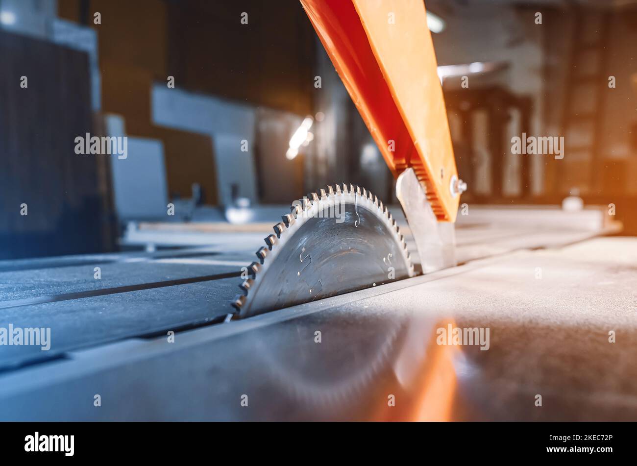 Closeup of wood cutting table with electric circular saw at woodworking ...