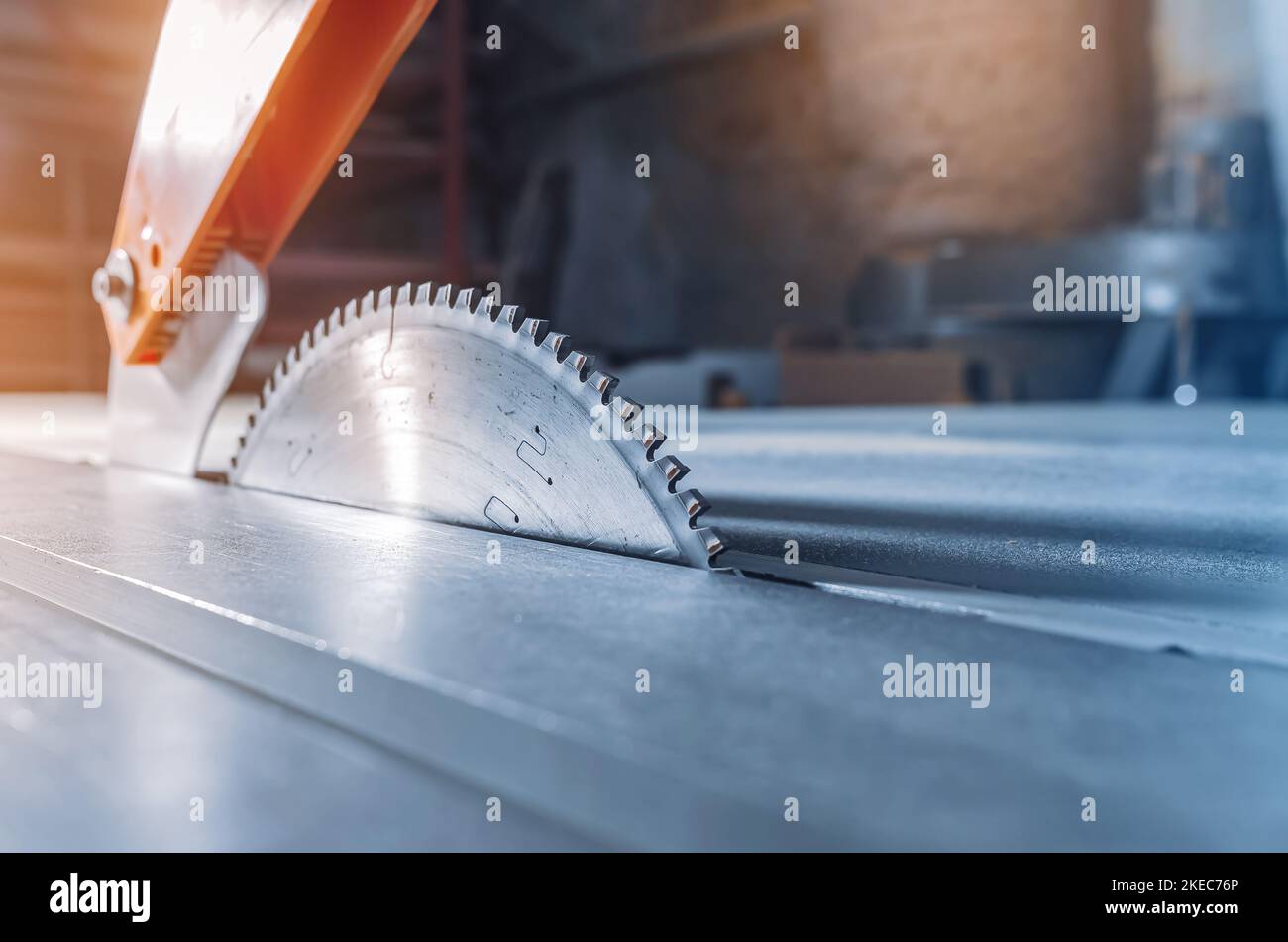 Closeup of wood cutting table with electric circular saw. Professional ...