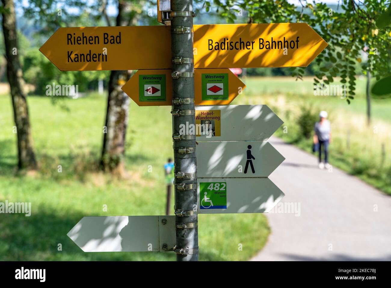 Europe, Switzerland, Basel, Black Forest, hiking signs on the bank of ...