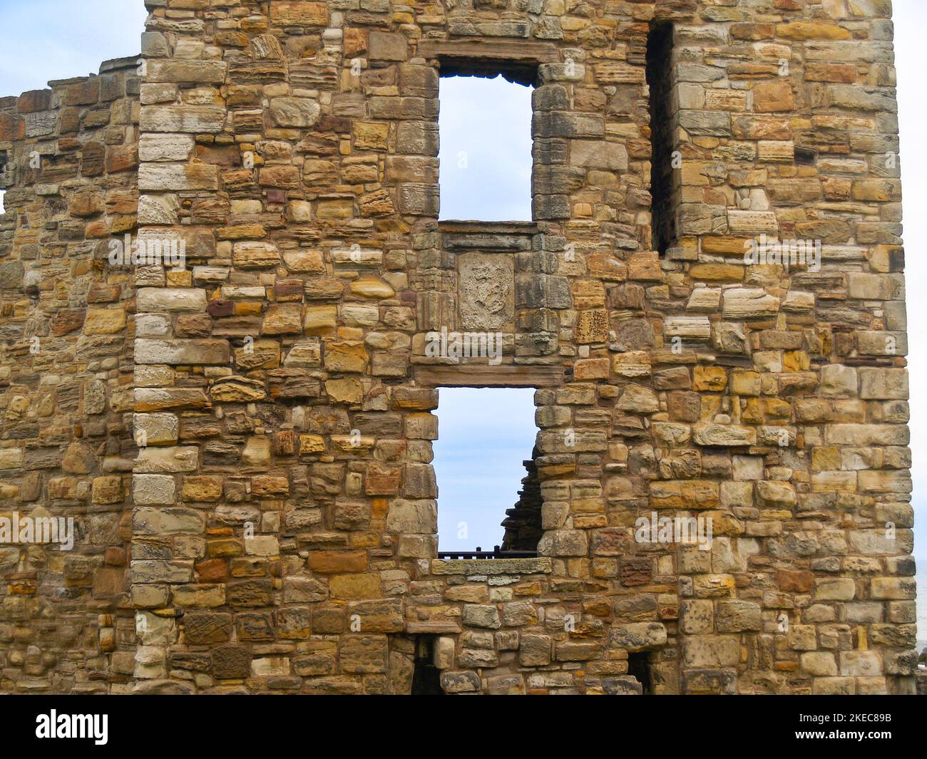 Remains old stone medieval fortification wall at St Andrews, Scotland ...