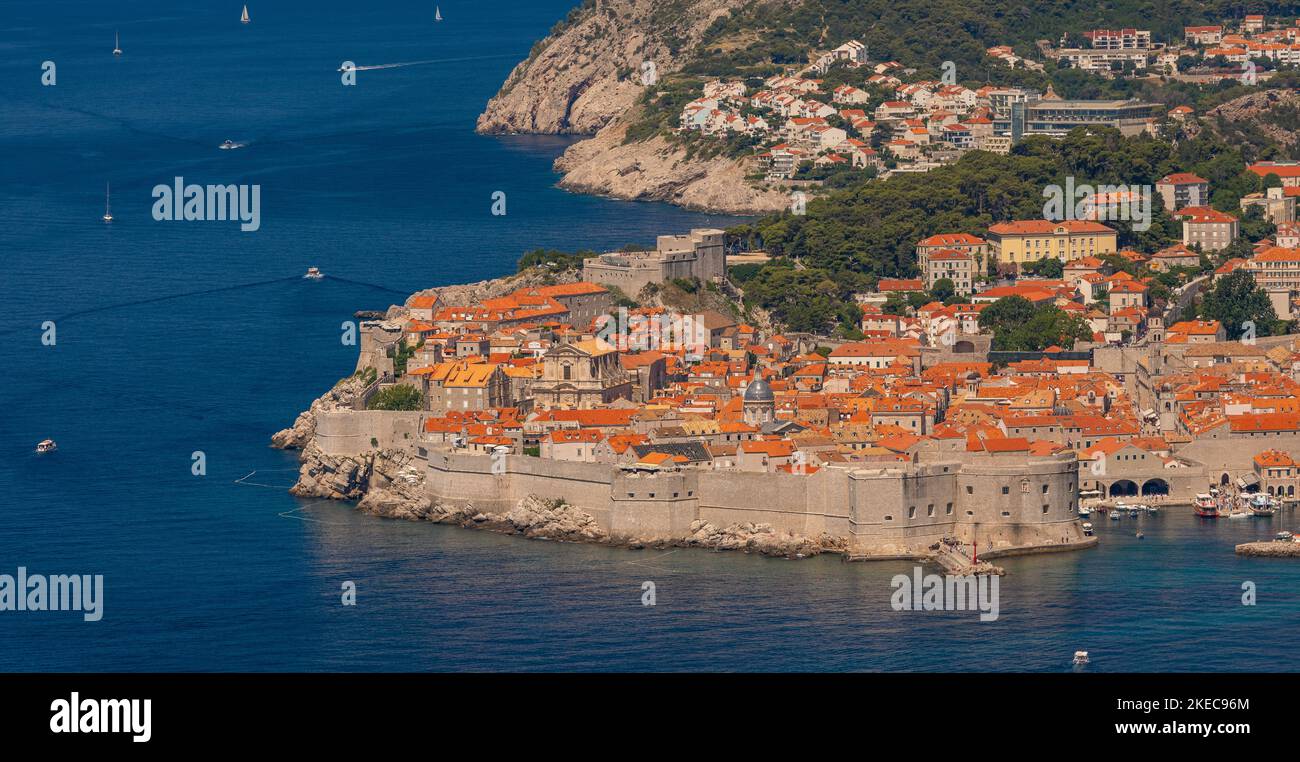 DUBROVNIK, CROATIA, EUROPE - Aerial view of the walled fortress city of ...