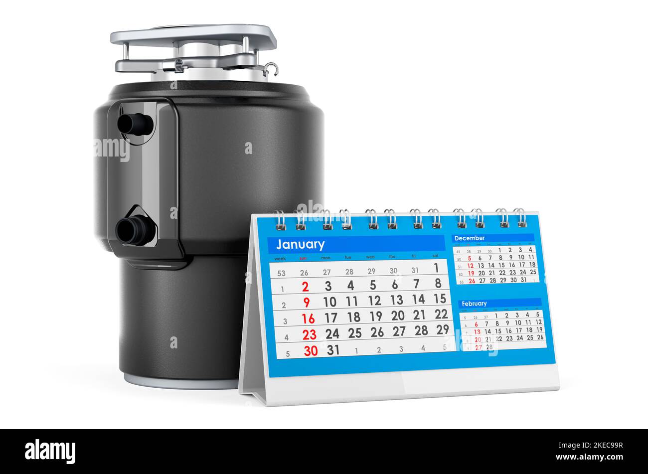 Garbage disposal unit with desk calendar, 3D rendering isolated on ...