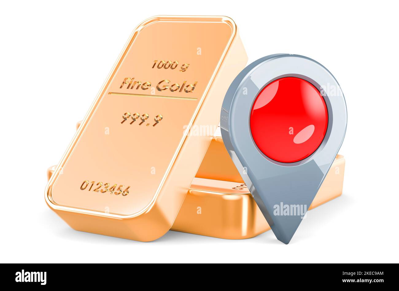 Gold ingots with map pointer, 3D rendering isolated on white background ...