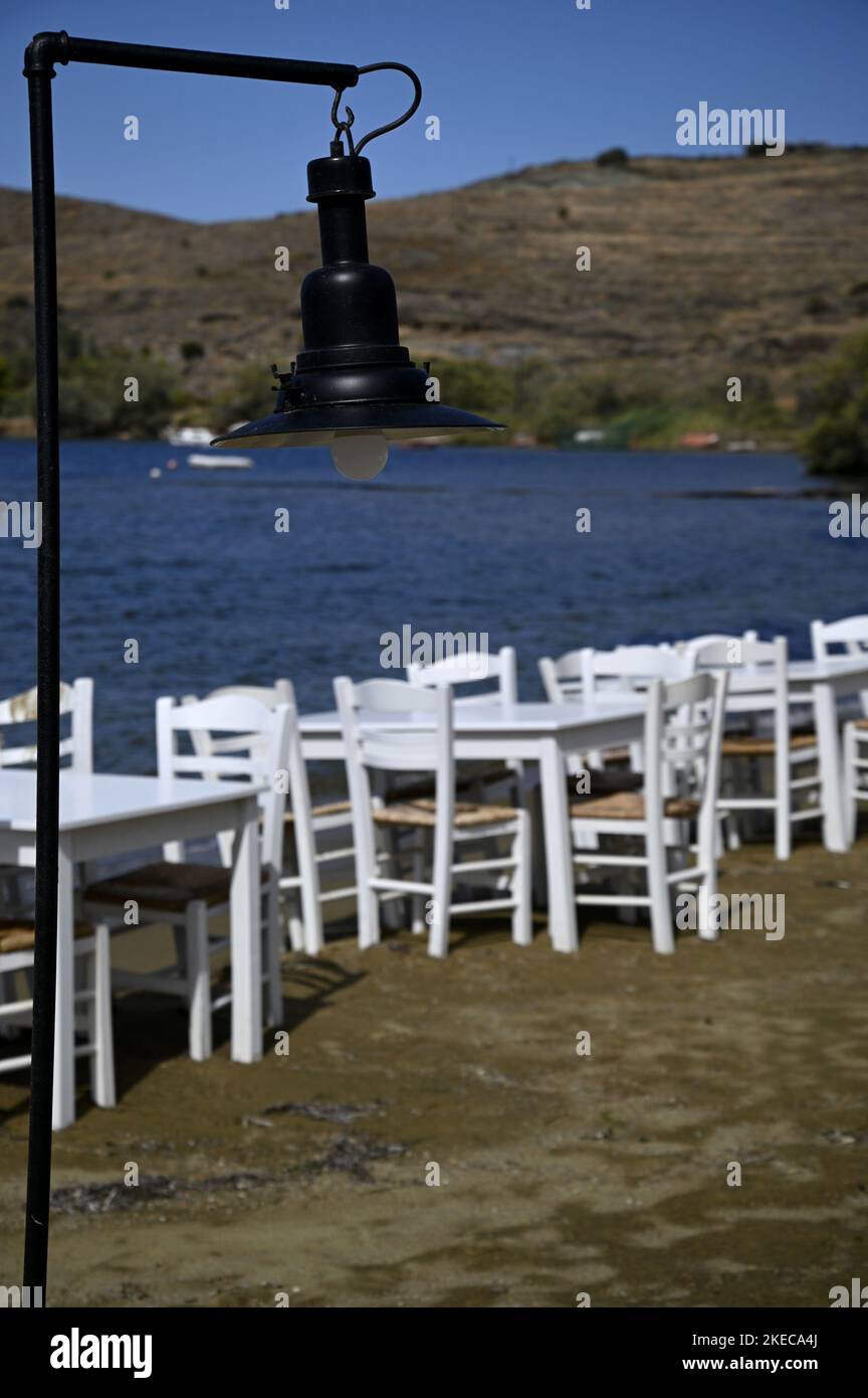 Scenic seascape on the coastline of Vourkari, a fishing village of Kea ...