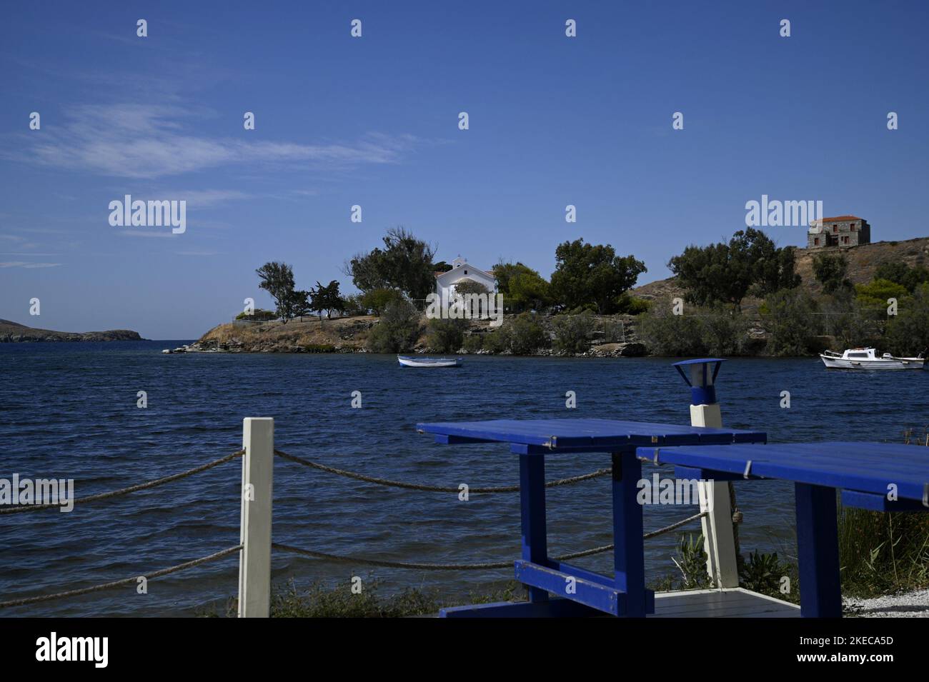 Scenic seascape on the coastline of Vourkari, a fishing village of Kea ...