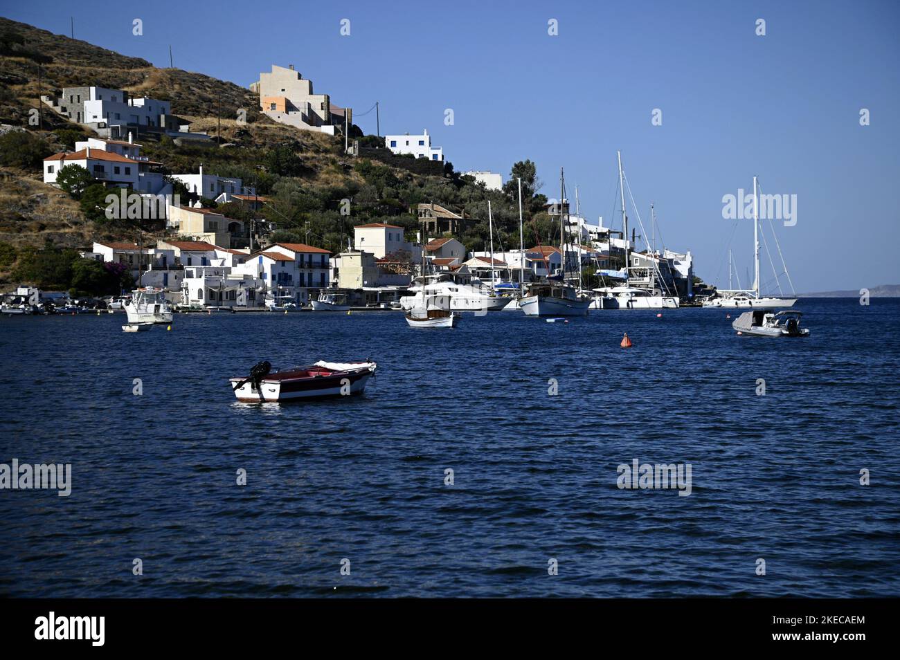 Landscape with scenic view of Vourkari a picturesque fishing village in ...