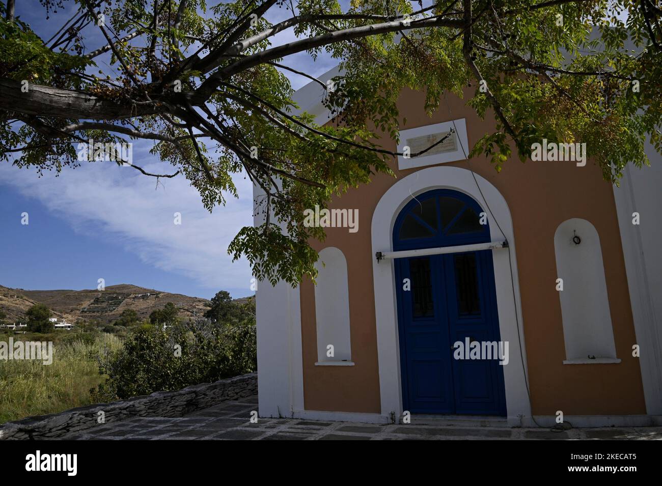 Landscape with scenic view of a traditional Greek Orthodox church in ...