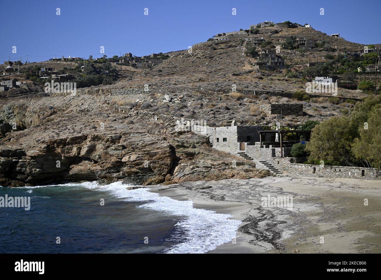 Landscape with scenic view of an isolated sandy beach in Kea island ...