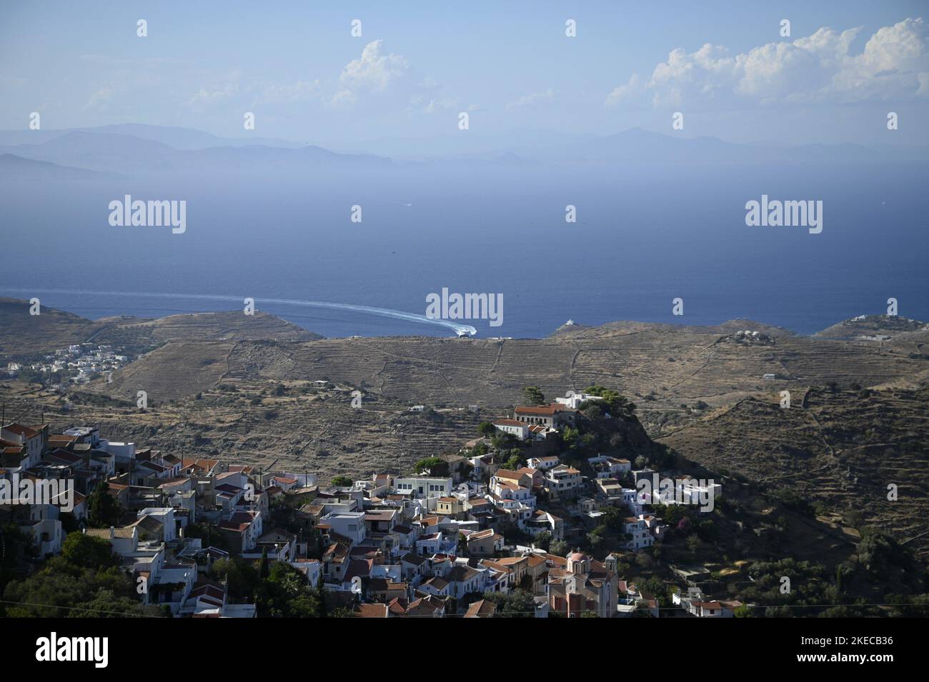Landscape with panoramic view of Ioulida the traditional main town with ...