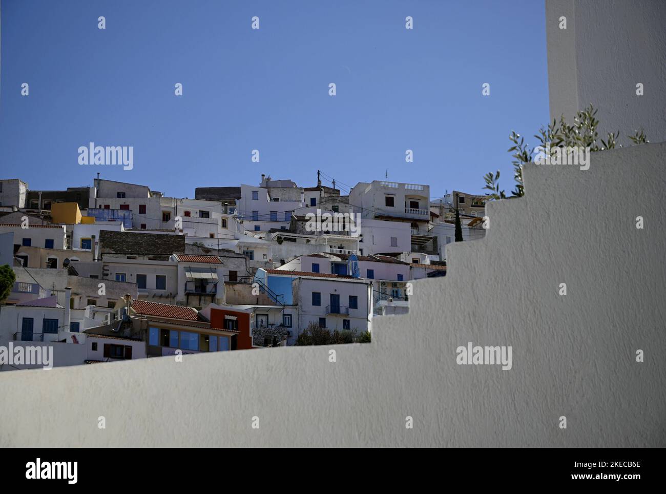 Landscape with panoramic view of Ioulida the traditional main town with ...
