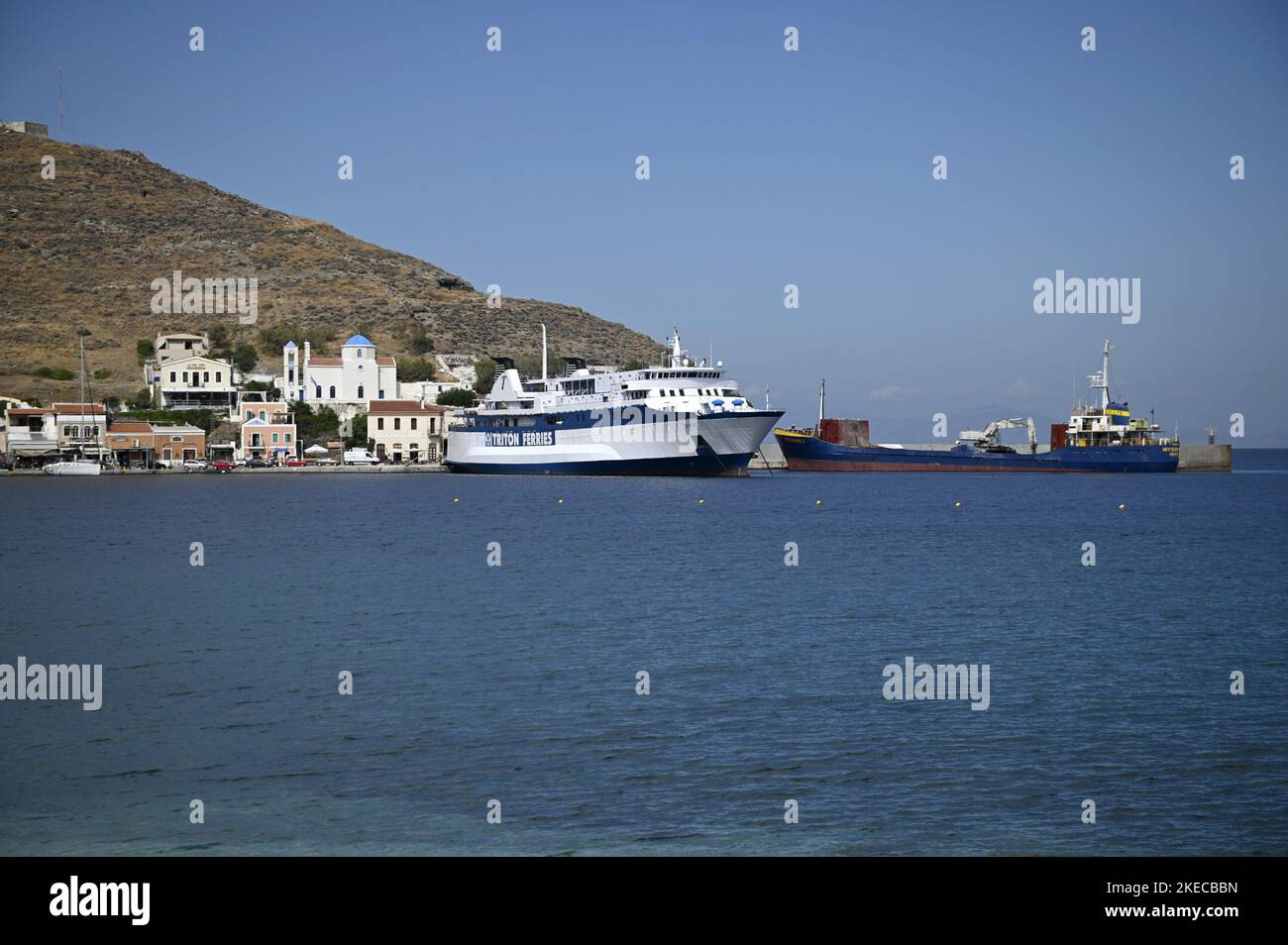 Landscape with scenic view of Korissia port and town in Kea island ...