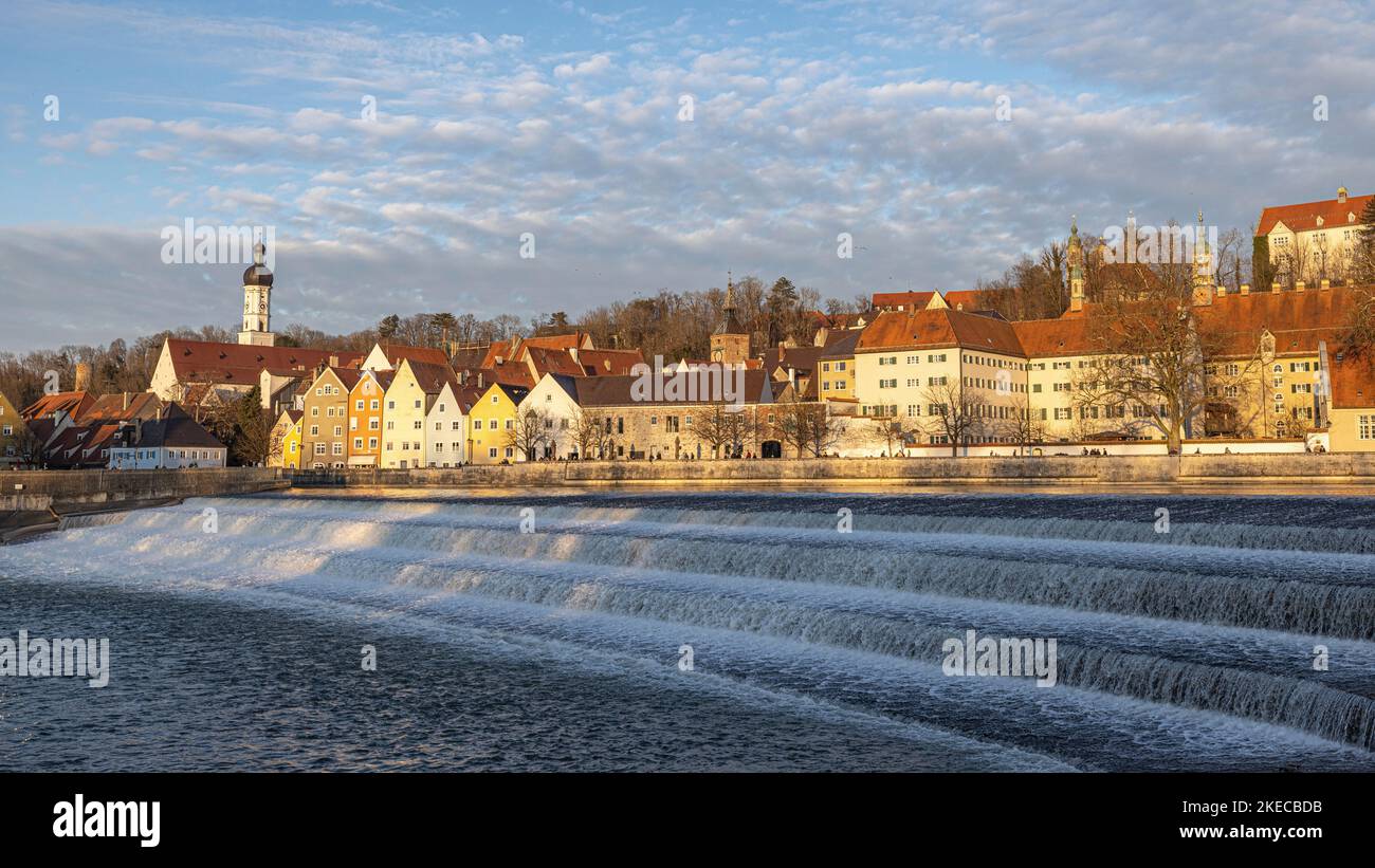 River promenade and Lech at the golden hour. Landsberg am Lech, Bavaria ...