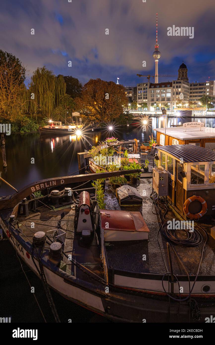 Historic harbor and television tower. Belin, Germany Stock Photo - Alamy
