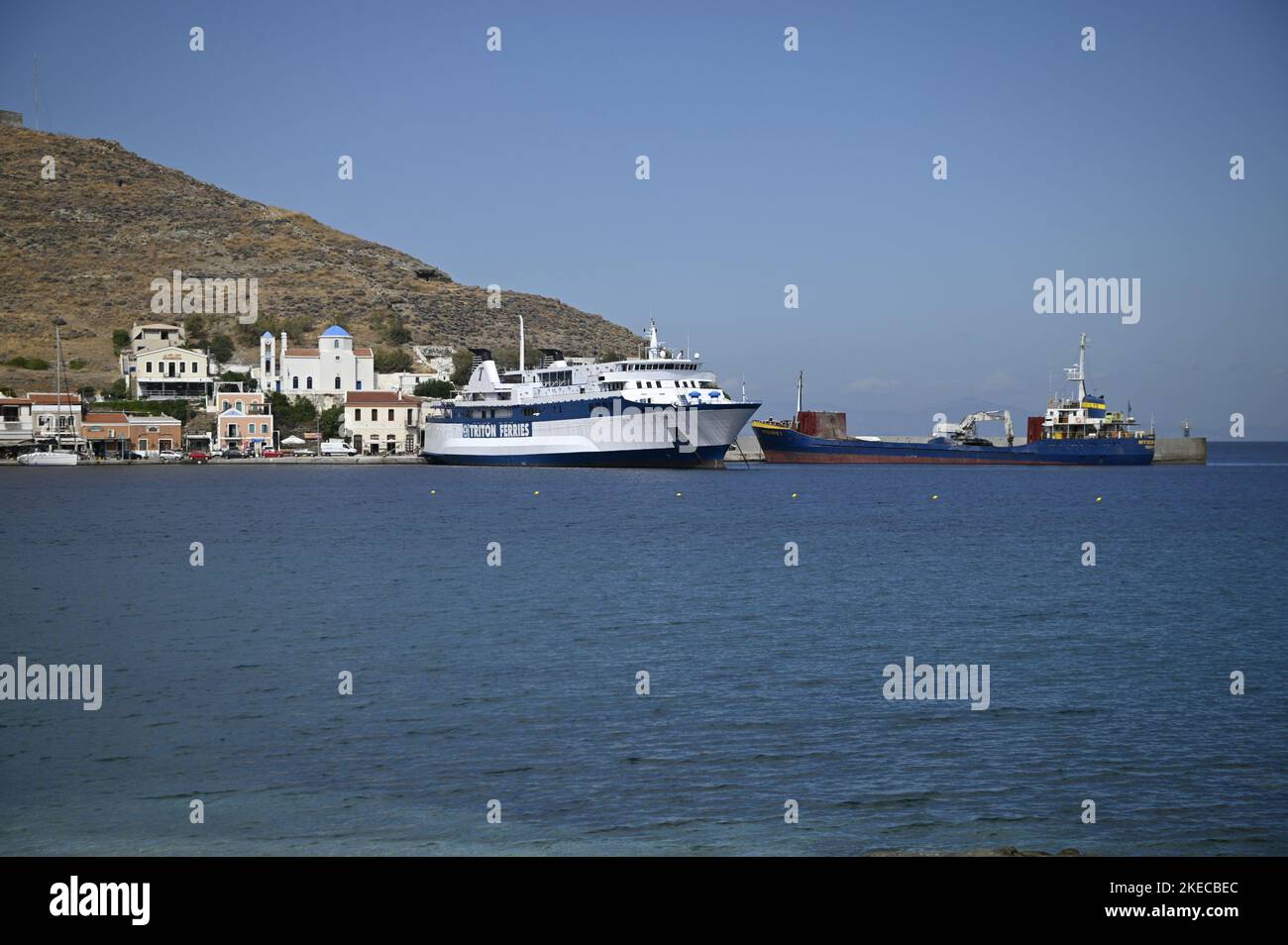 Landscape with scenic view of Korissia port and town in Kea island ...