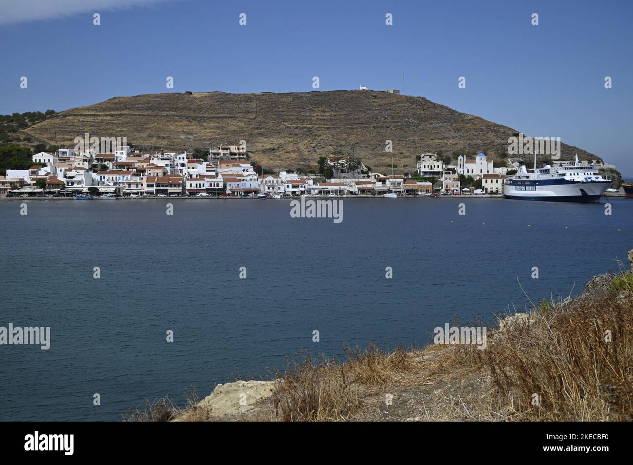 Landscape with scenic view of Korissia port and town in Kea island ...