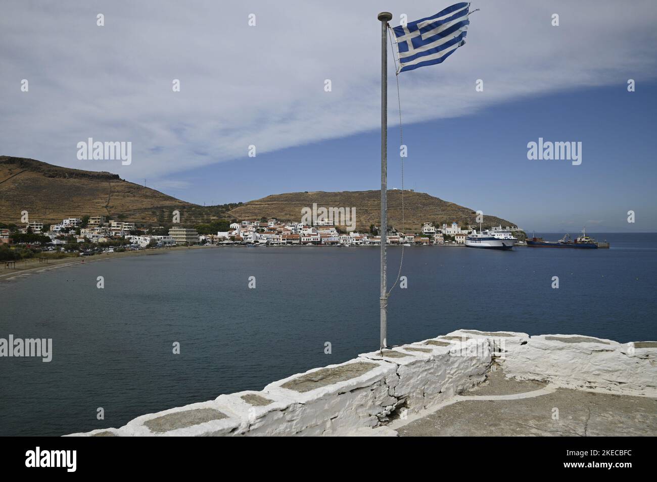 Landscape with scenic view of Korissia port and town in Kea island ...