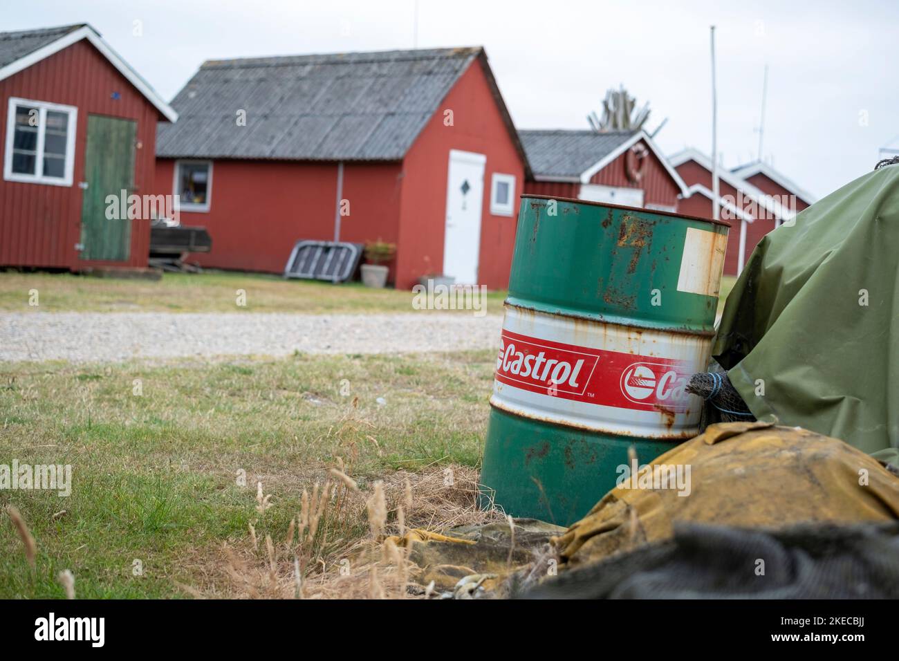 Oil barrel and fishing huts in Ringköping, Denmark Stock Photo - Alamy