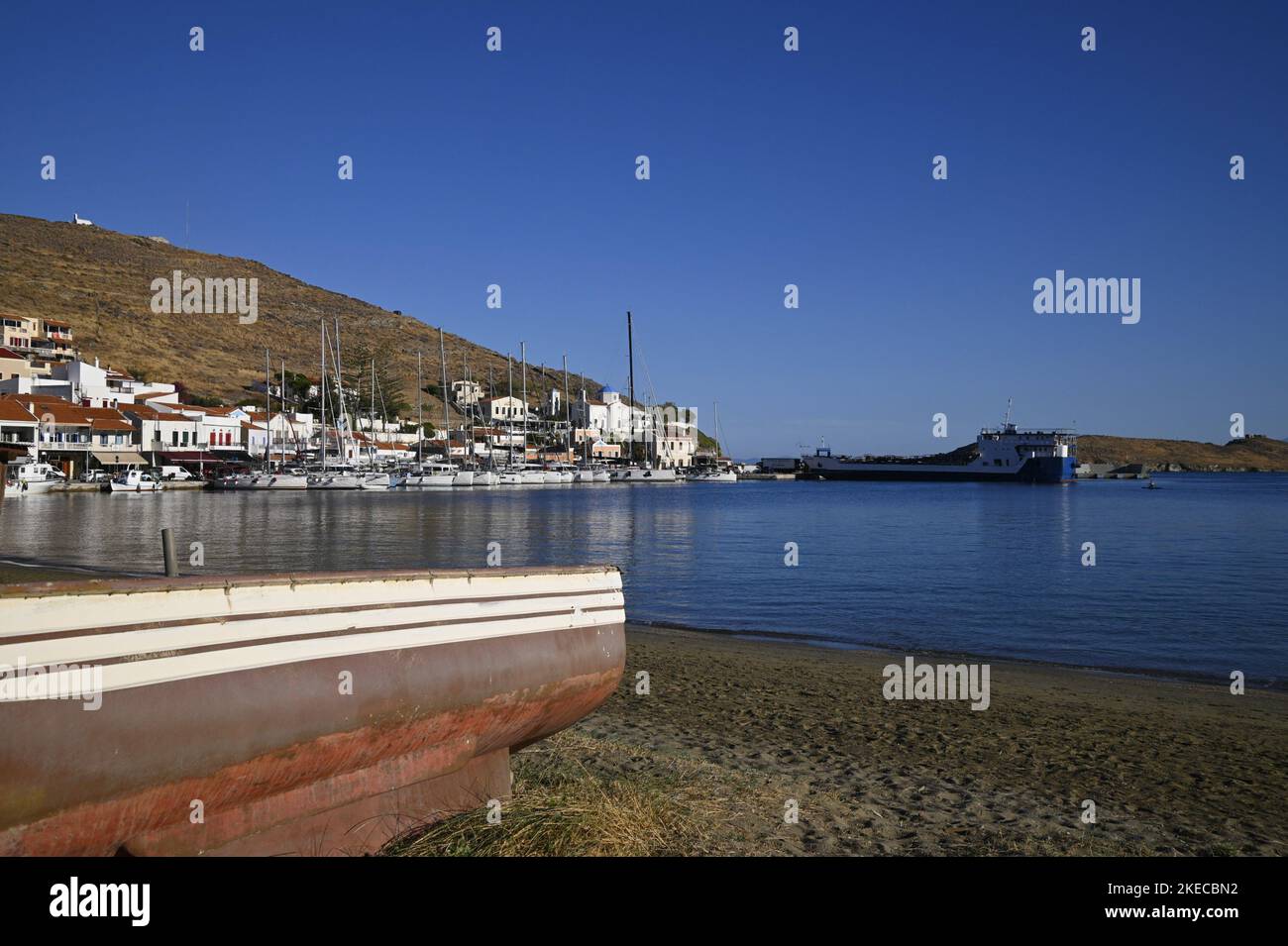 Landscape with scenic view of Korissia port and town in Kea island ...