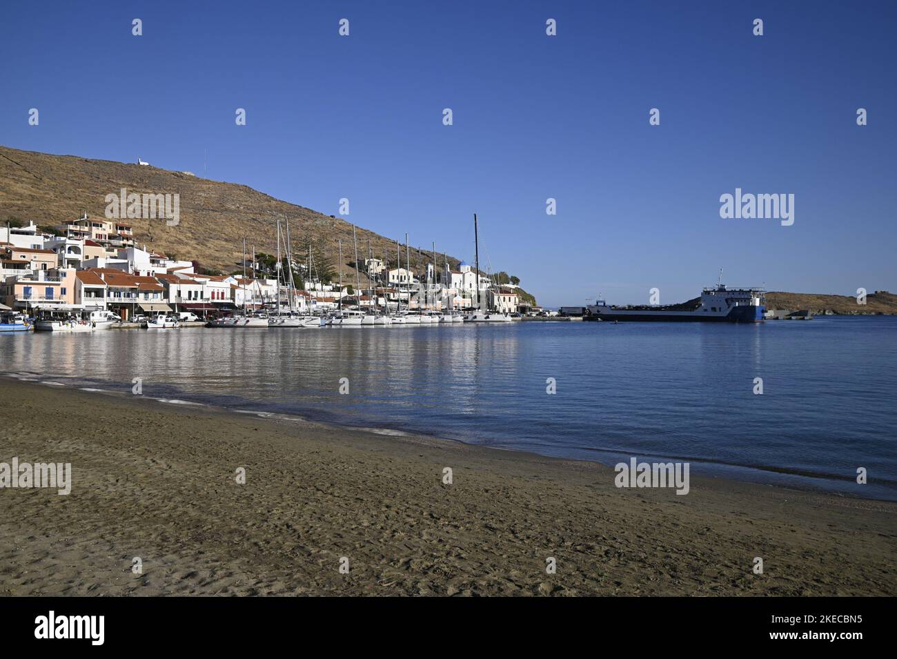 Landscape with scenic view of Korissia port and town in Kea island ...